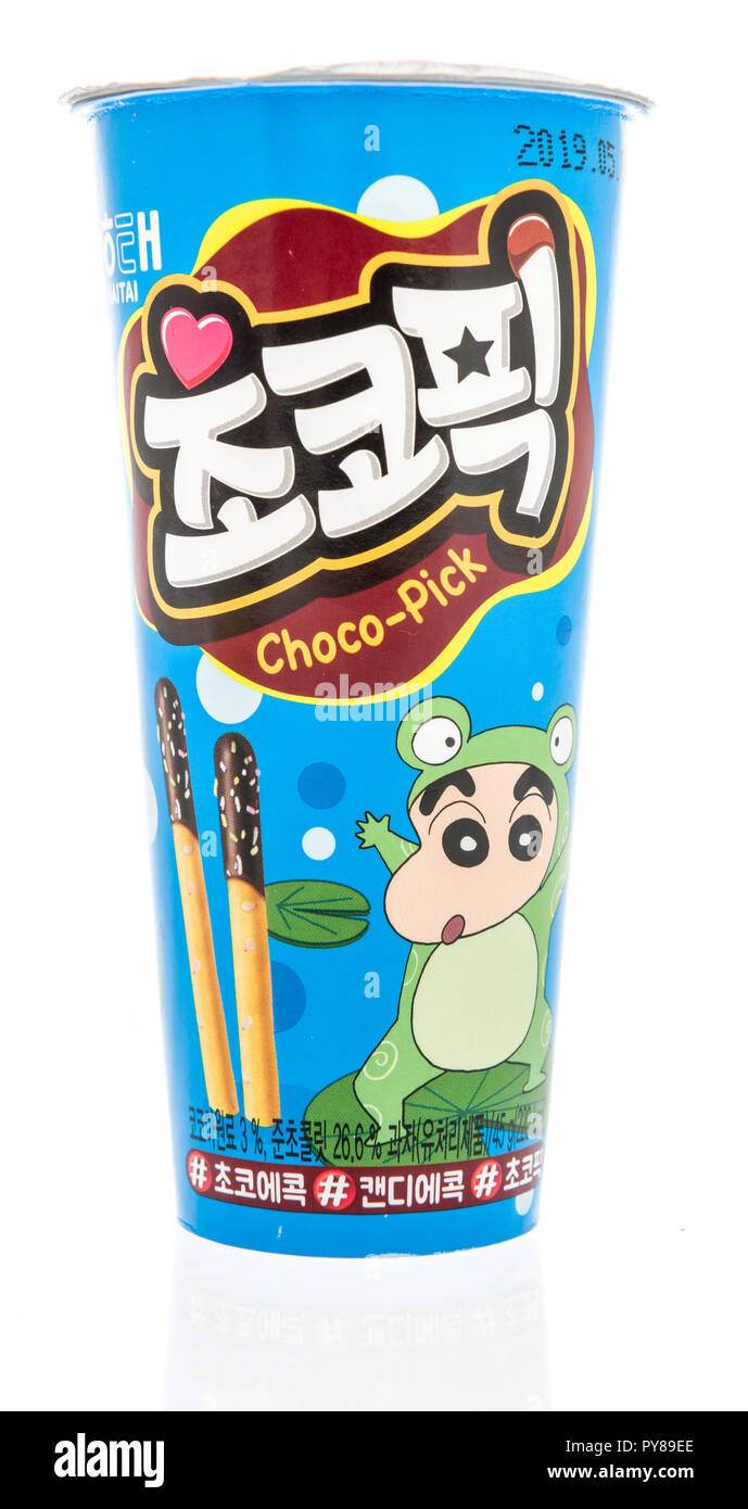 Winneconne, WI - 14 October 2018: A package of Haitai Choco Pick ...
