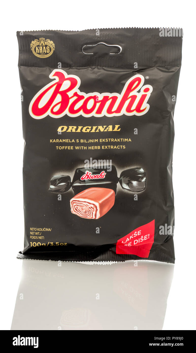 Winneconne, WI - 25 October 2018: A bag of Kras Bronhi toffee with ...