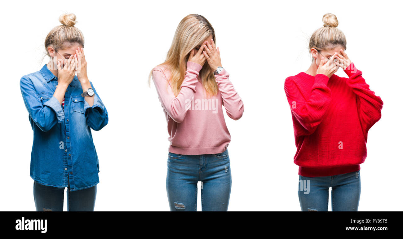 Collage of young beautiful blonde woman over isolated background with ...