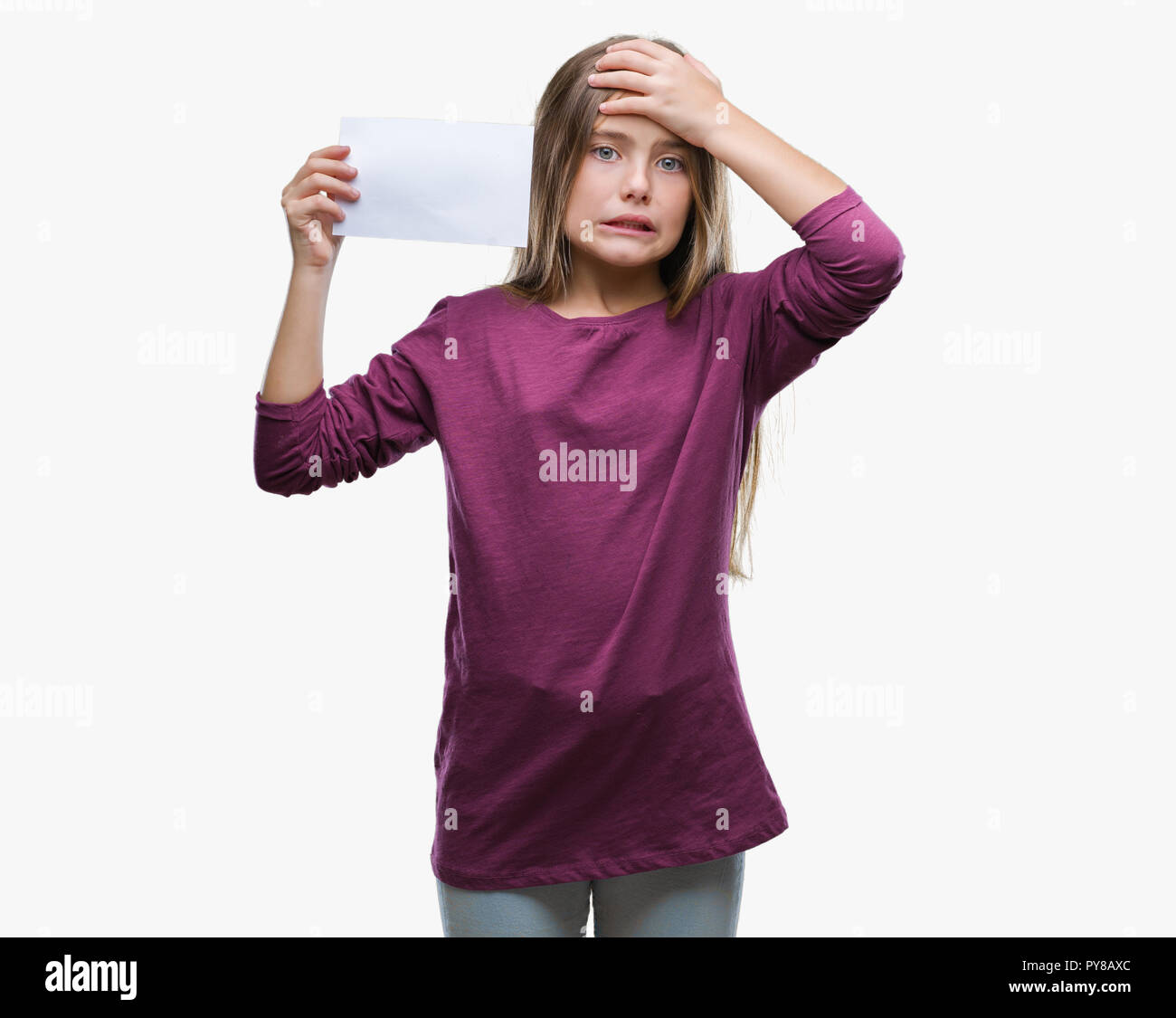 Young beautiful girl holding blank paper card over isolated background ...