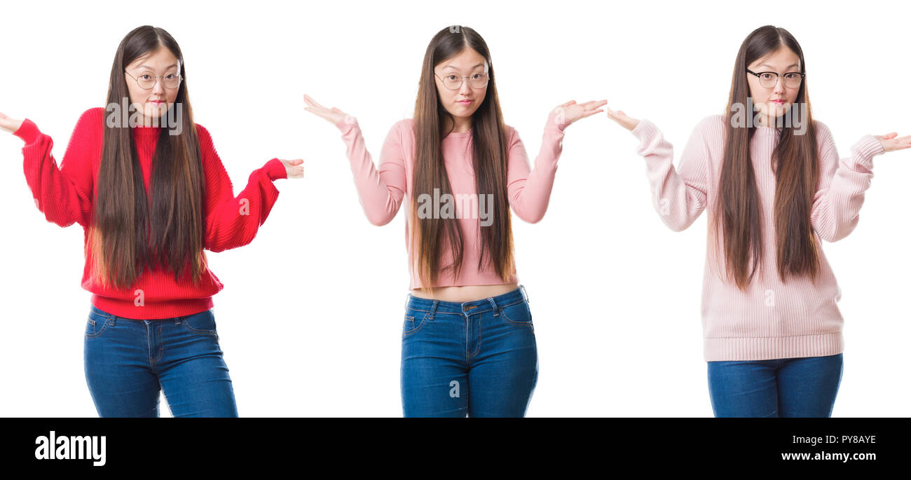 Collage of young beautiful Chinese woman over isolated background ...