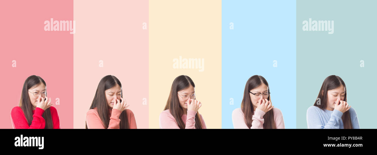 Collage of beautiful asian woman over colorful stripes isolated ...