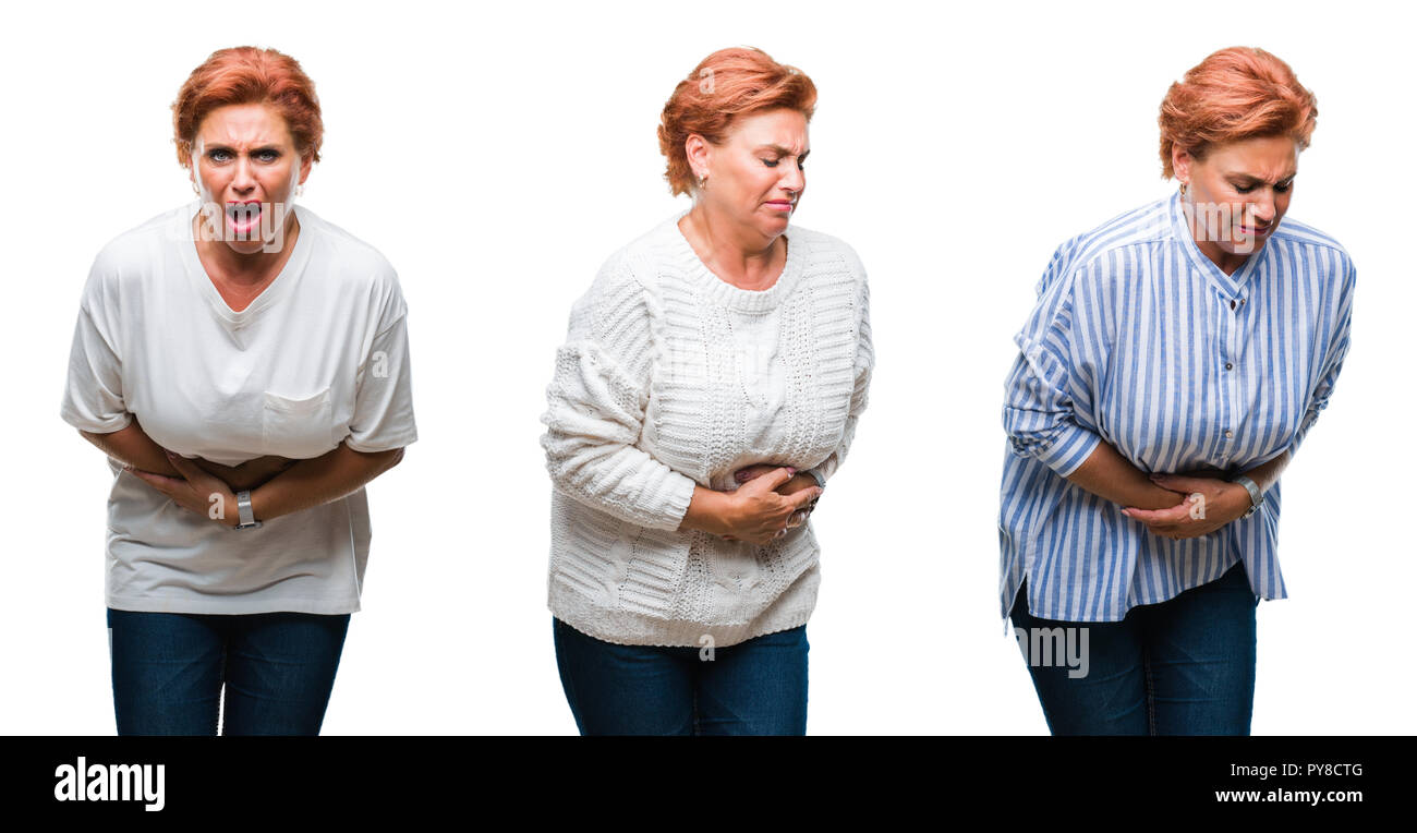Collage of middle age senior woman over white isolated background with ...