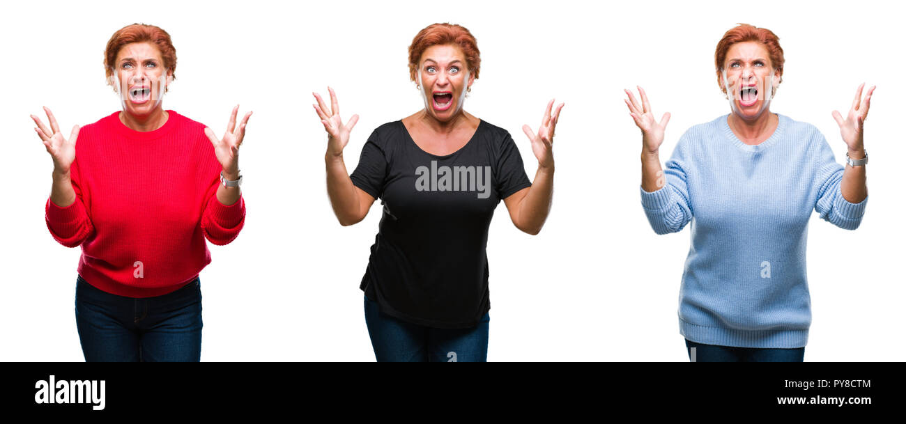 Collage of middle age senior woman over white isolated background crazy ...