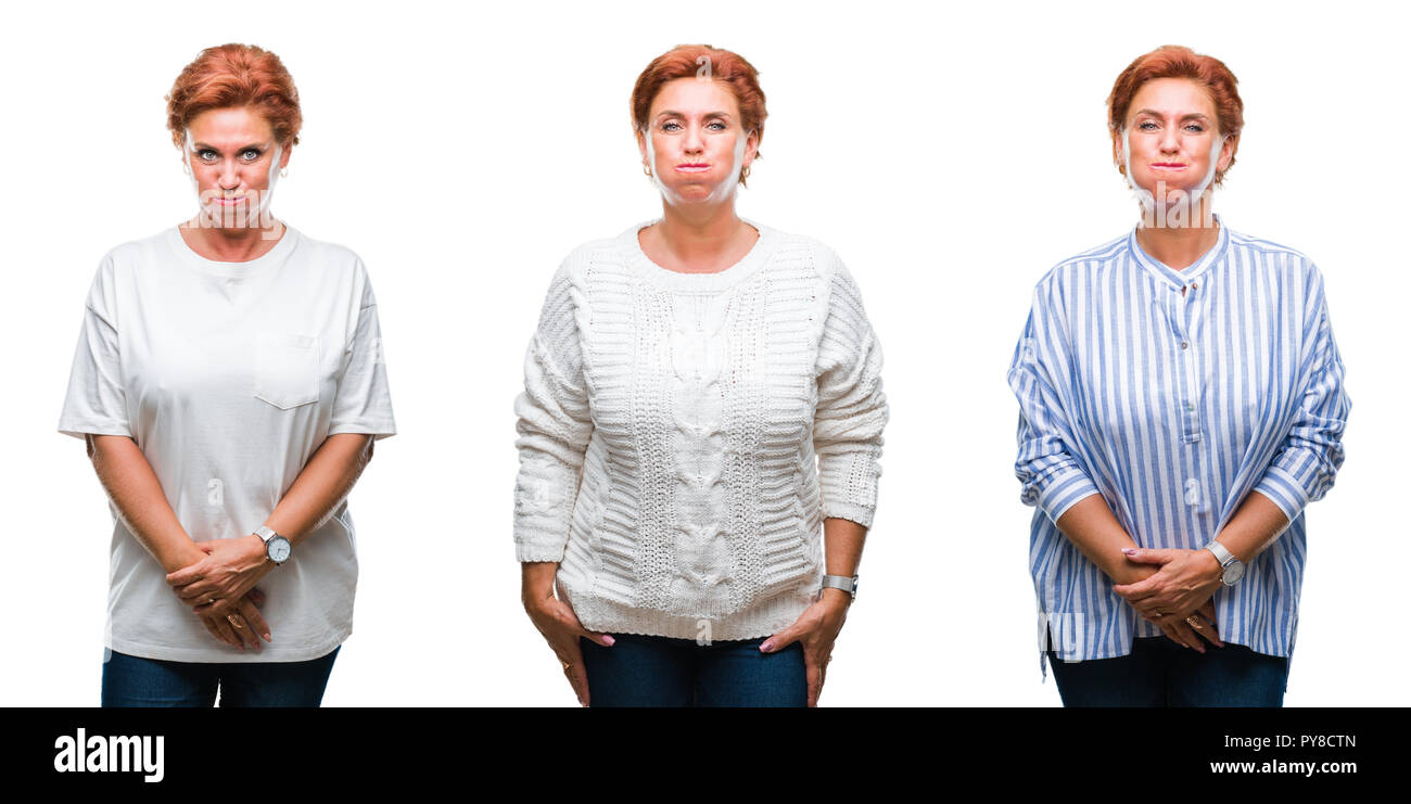 Collage of middle age senior woman over white isolated background ...