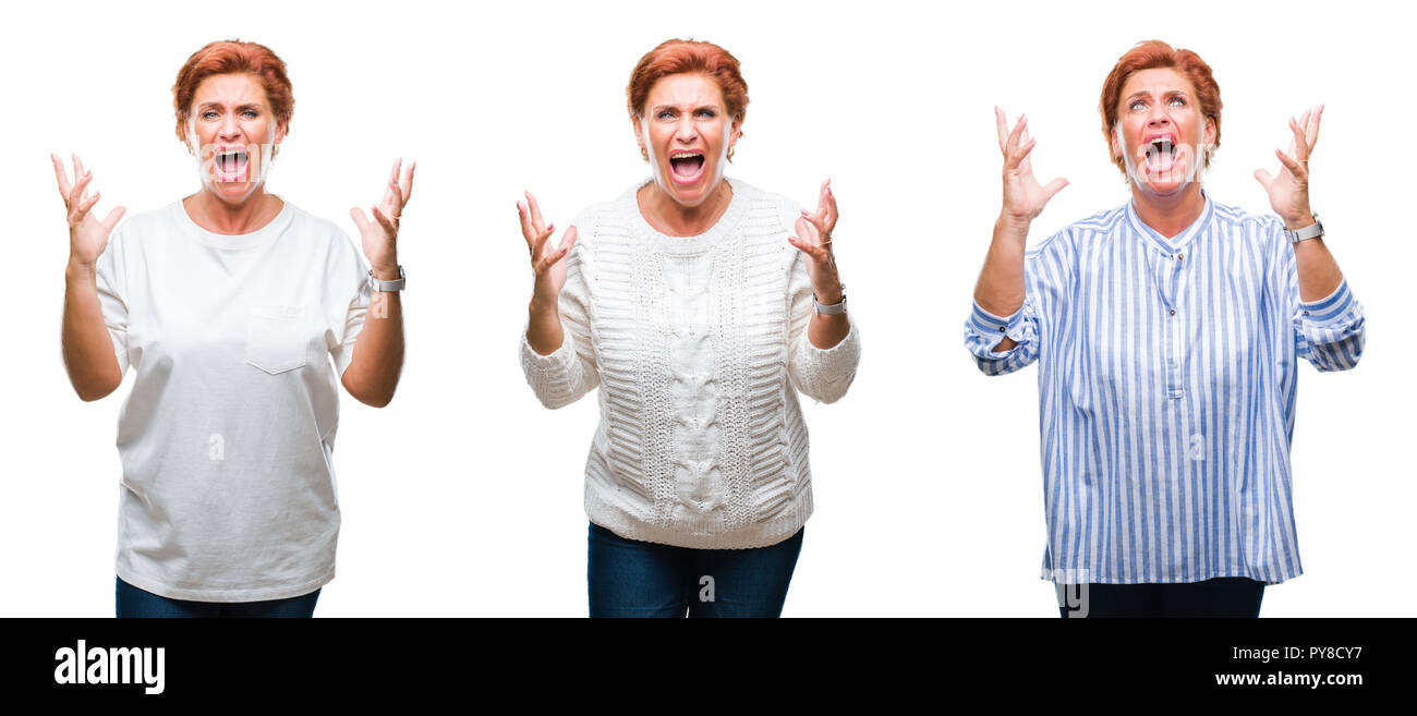 Collage of middle age senior woman over white isolated background crazy ...