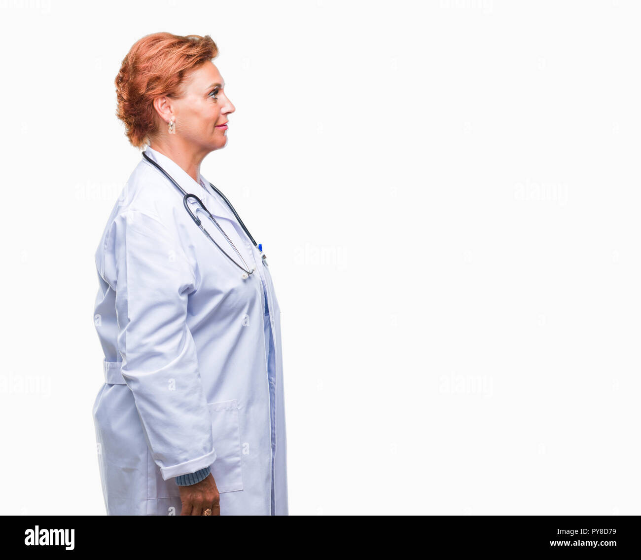 Senior caucasian doctor woman wearing medical uniform over isolated ...