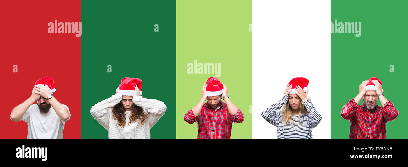 Collage of group of people wearing christmas hat over white and green ...