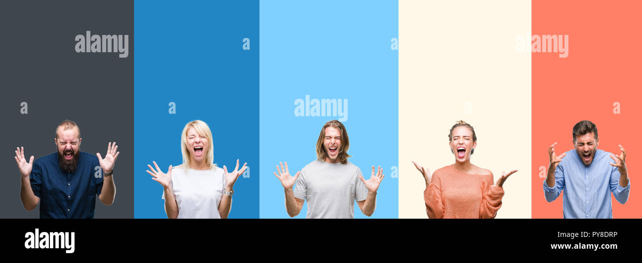 Collage of casual young people over colorful stripes isolated ...