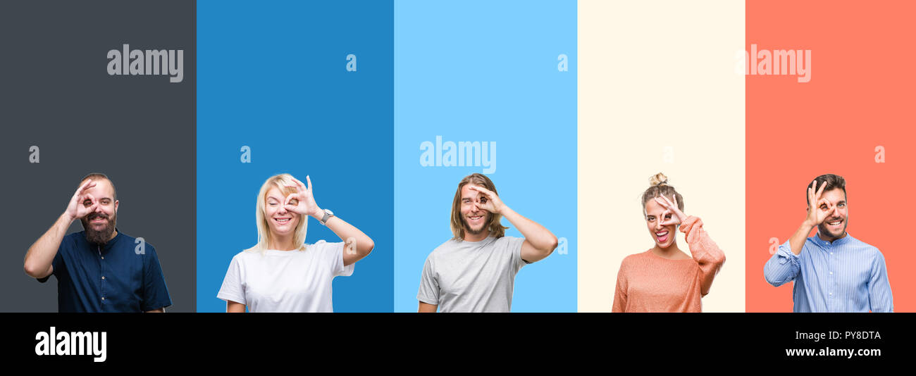 Collage of casual young people over colorful stripes isolated ...