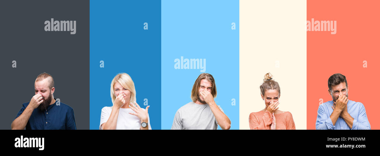 Collage of casual young people over colorful stripes isolated ...