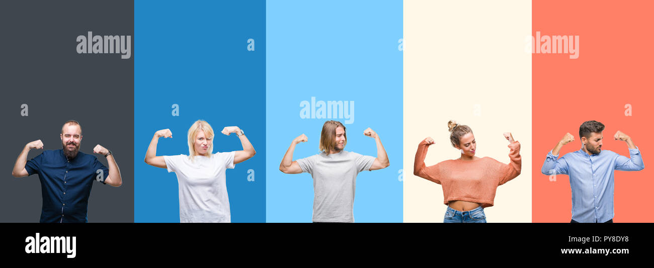 Collage of casual young people over colorful stripes isolated ...