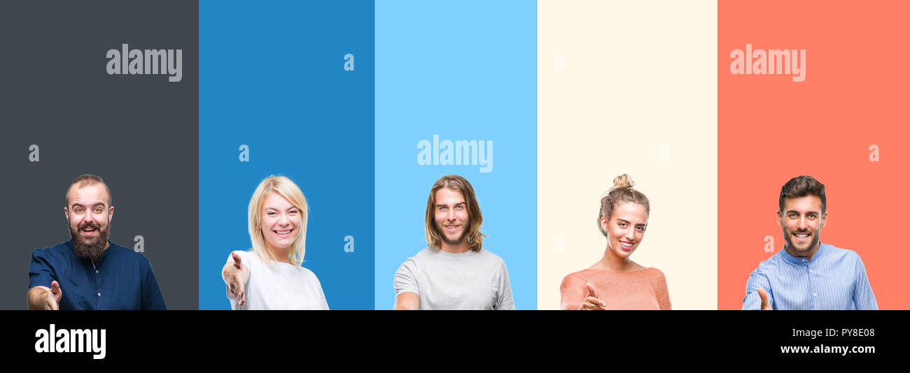Collage of casual young people over colorful stripes isolated ...