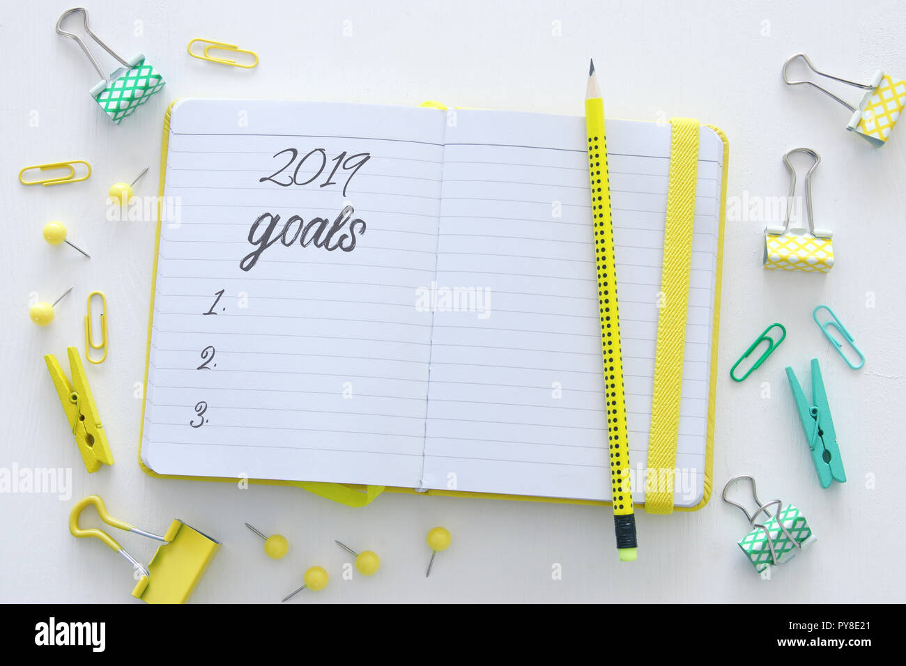 Top view 2019 goals list with notebook over wooden white desk Stock ...