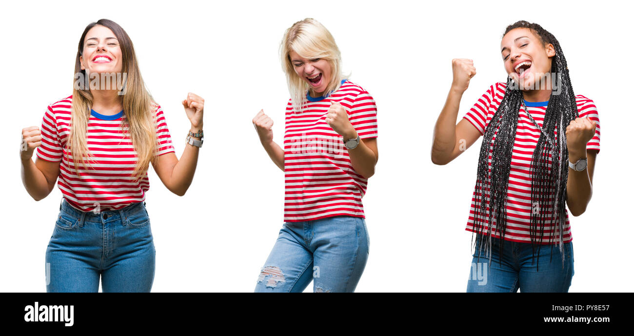 Collage of young women wearing stripes t-shirt over isolated background ...