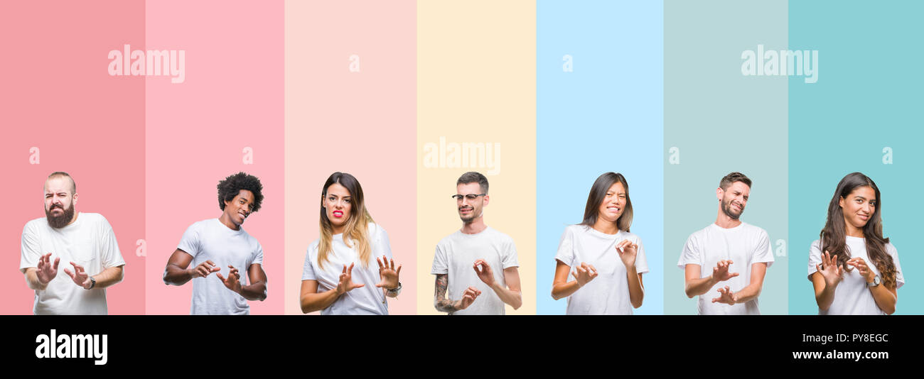 Collage of different ethnics young people wearing white t-shirt over ...