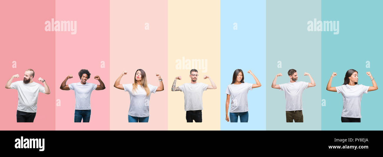 Collage of different ethnics young people wearing white t-shirt over ...