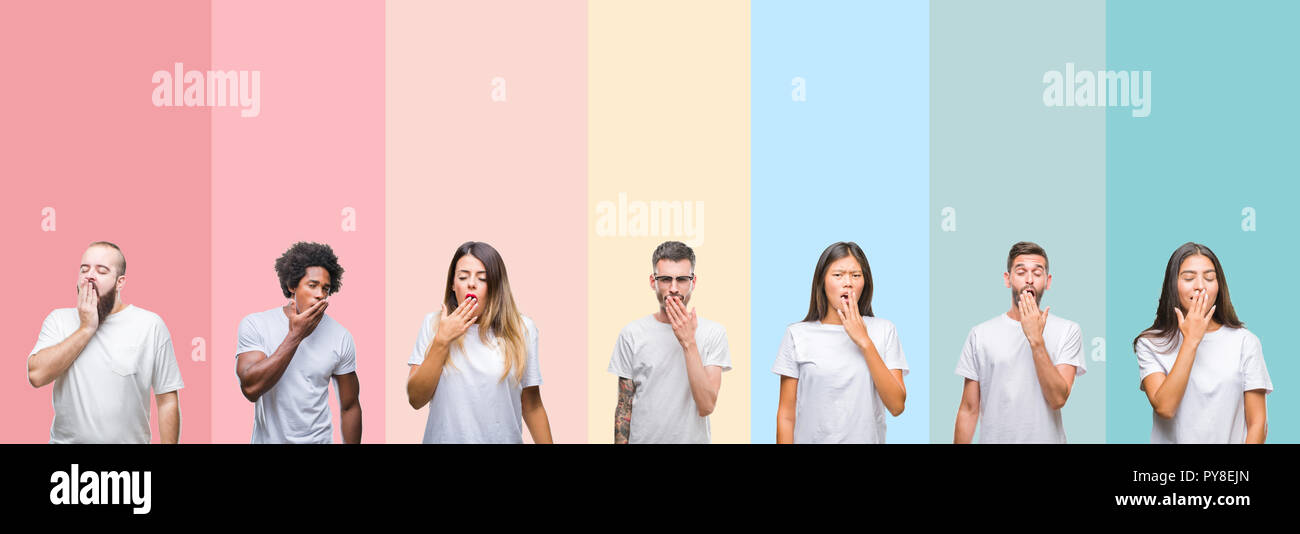 Collage of different ethnics young people wearing white t-shirt over colorful isolated ...