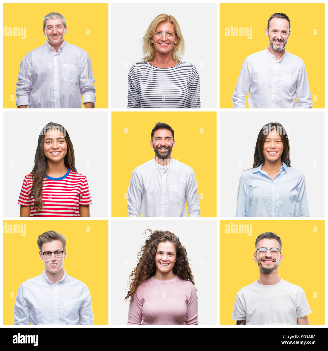 Collage of group of young and senior people over yellow isolated ...