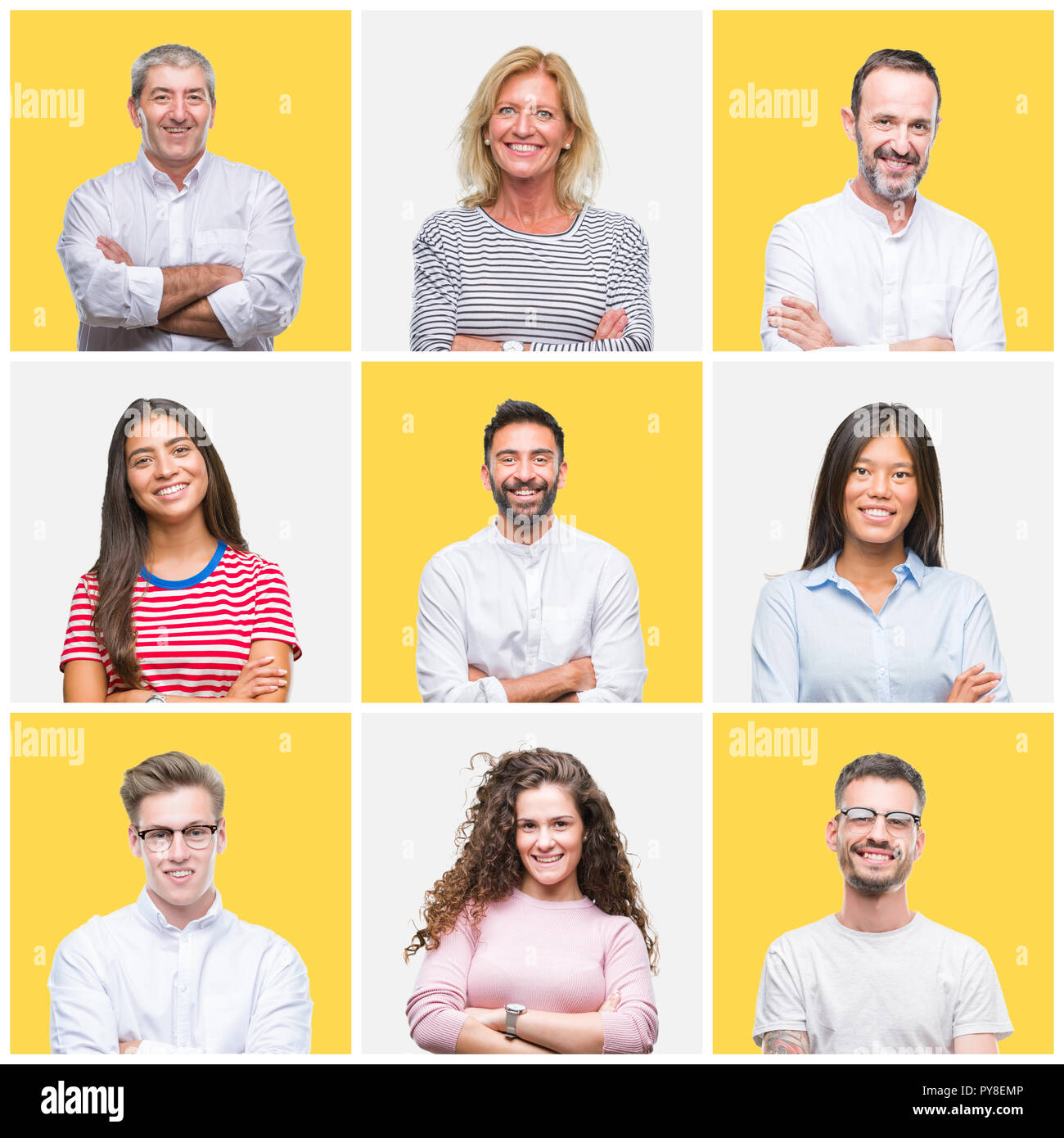 Collage of group of young and senior people over yellow isolated ...