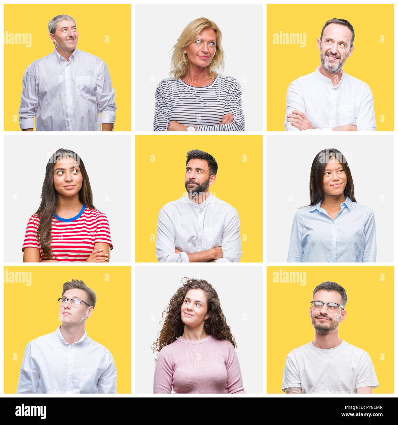 Collage of group of young and senior people over yellow isolated ...