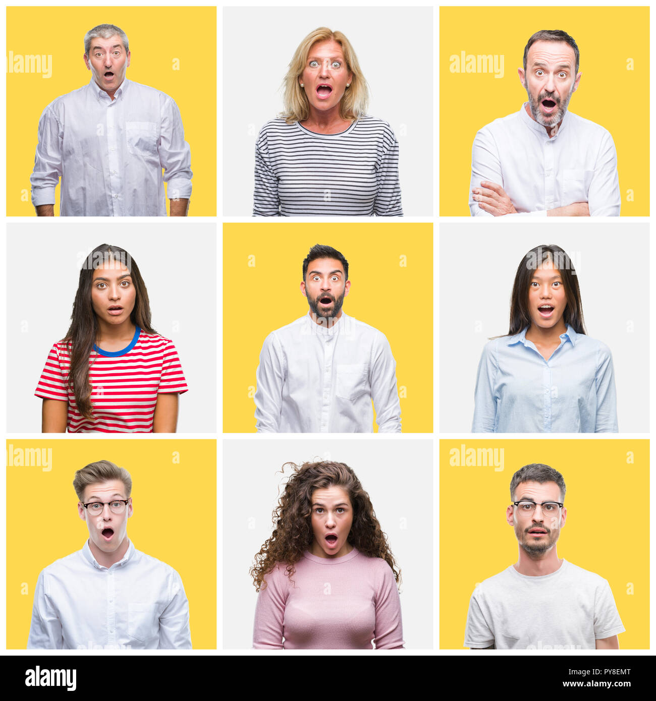 Collage of group of young and senior people over yellow isolated ...