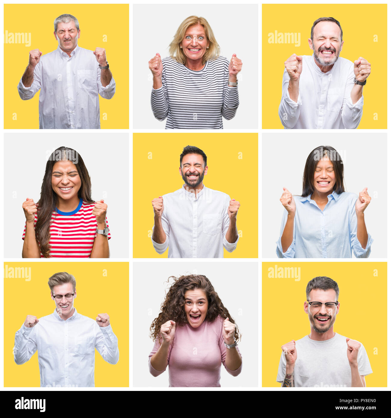 Collage of group of young and senior people over yellow isolated ...