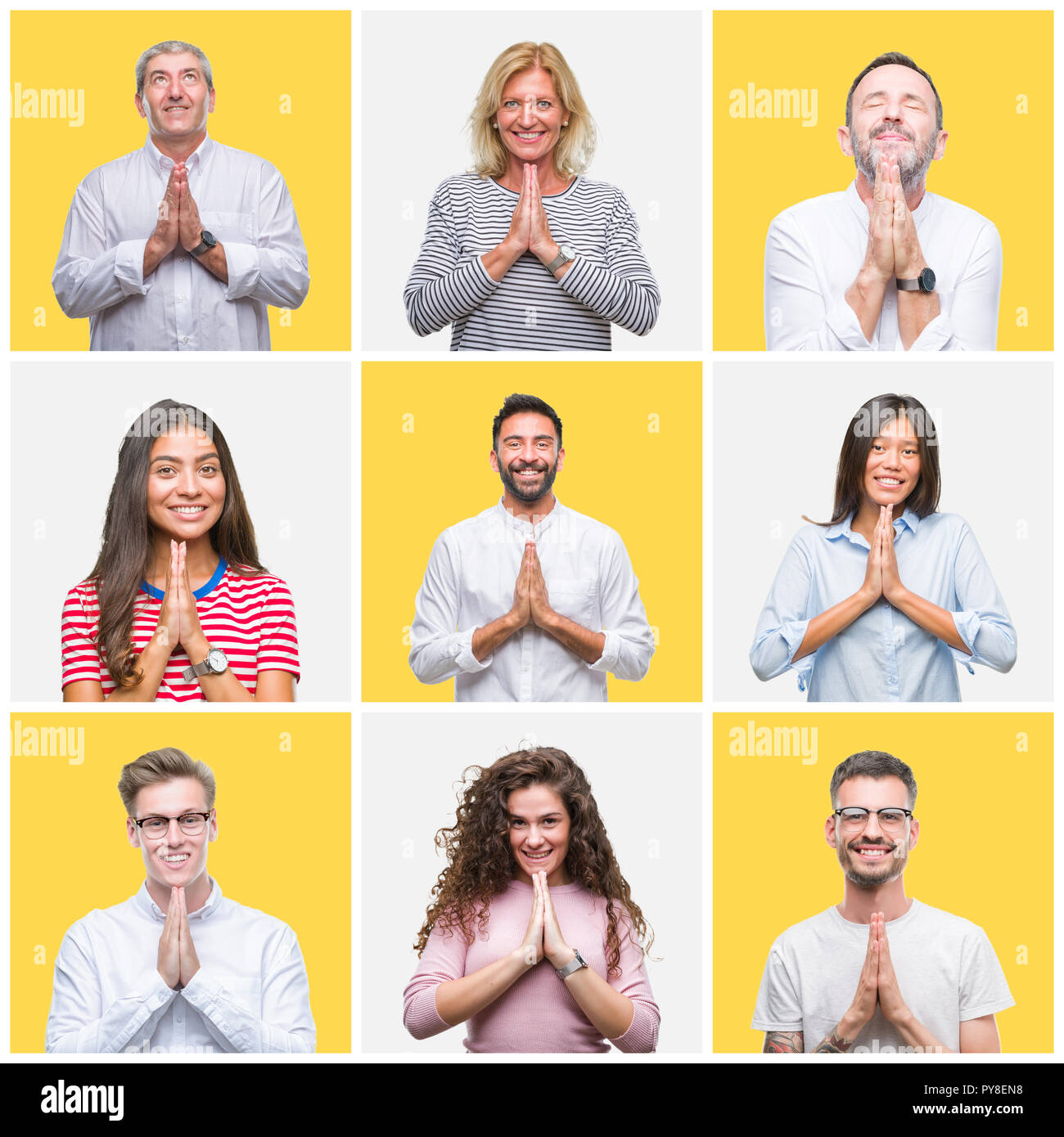 Collage of group of young and senior people over yellow isolated ...