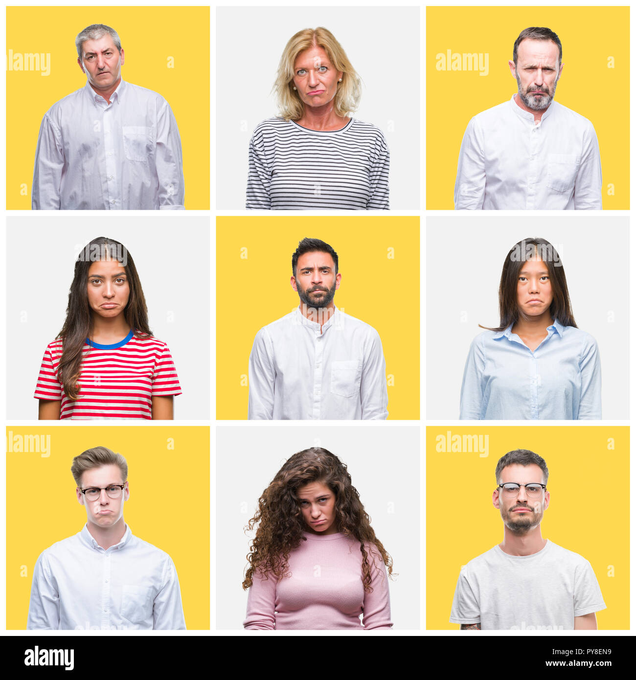 Collage of group of young and senior people over yellow isolated ...
