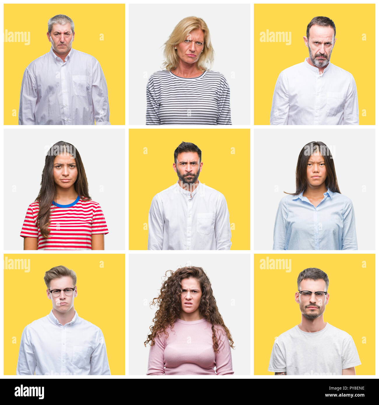 Collage of group of young and senior people over yellow isolated ...