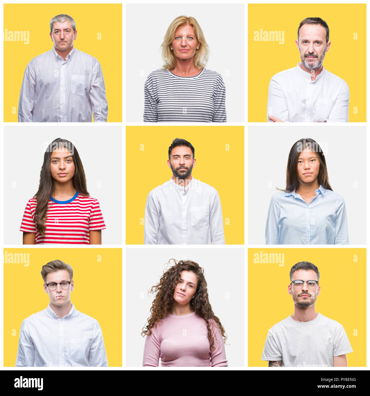 Collage of group of young and senior people over yellow isolated ...