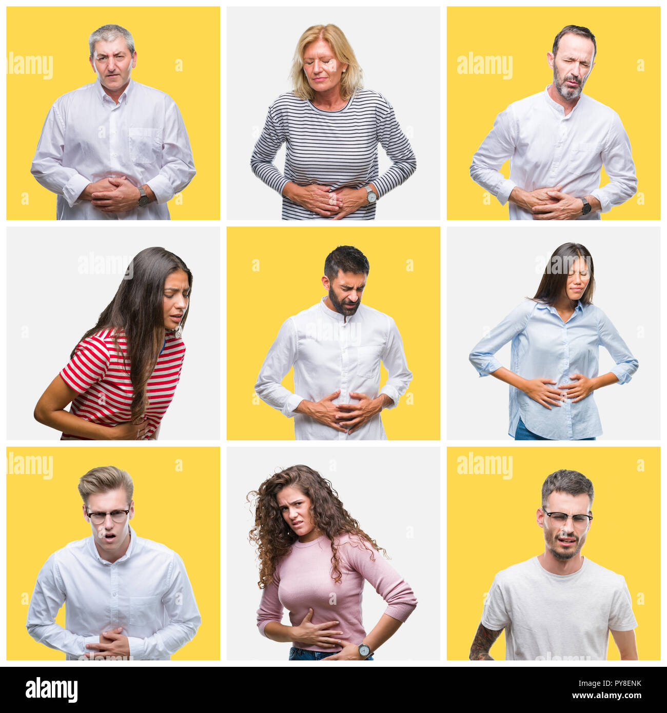 Collage of group of young and senior people over yellow isolated ...