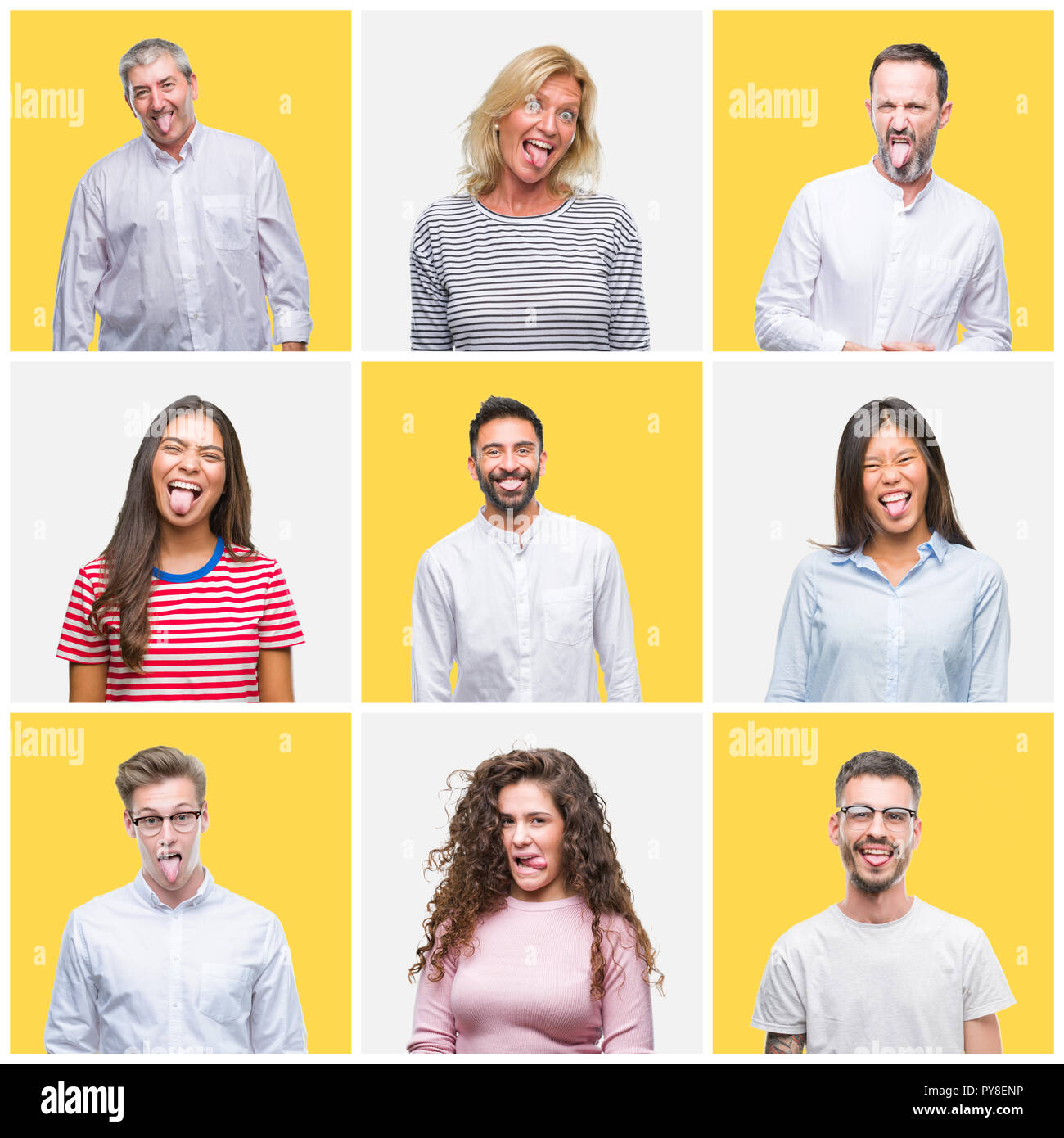 Collage of group of young and senior people over yellow isolated ...
