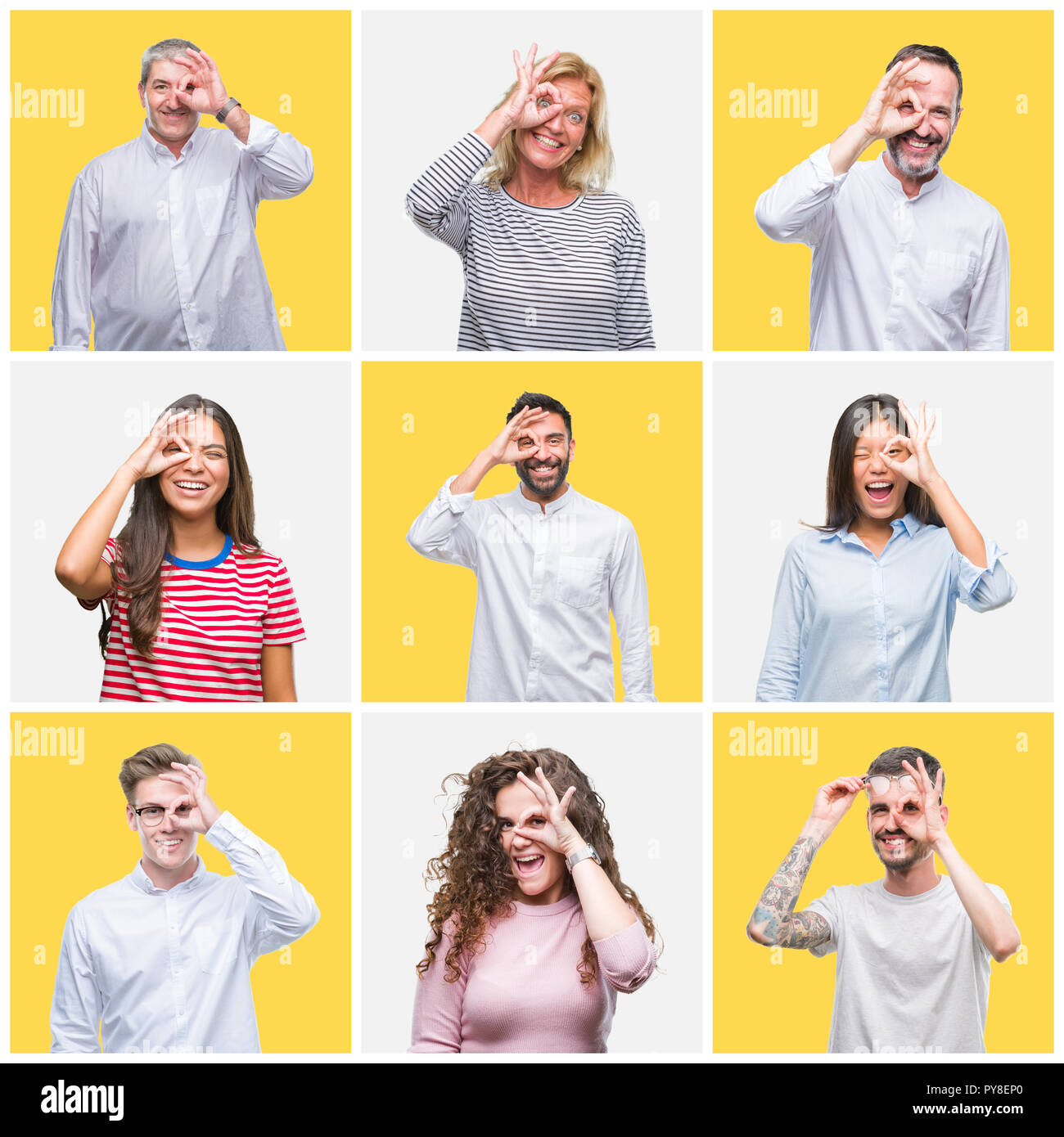 Collage of group of young and senior people over yellow isolated ...