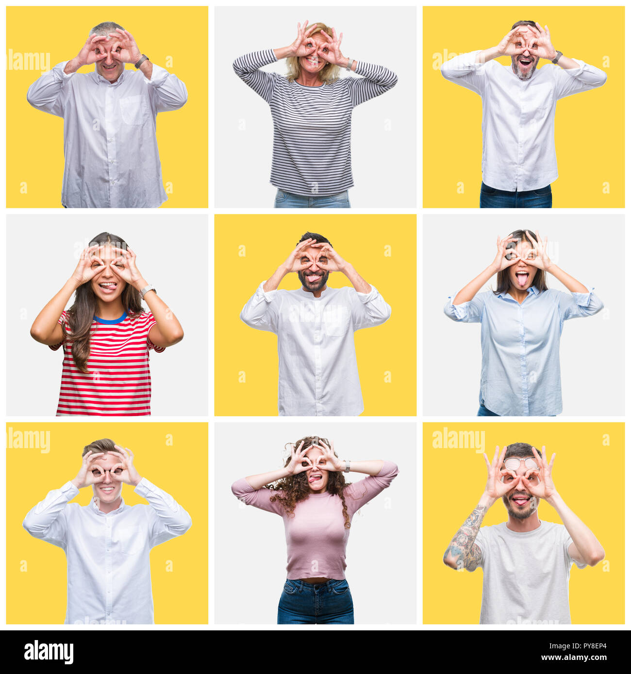 Collage of group of young and senior people over yellow isolated ...
