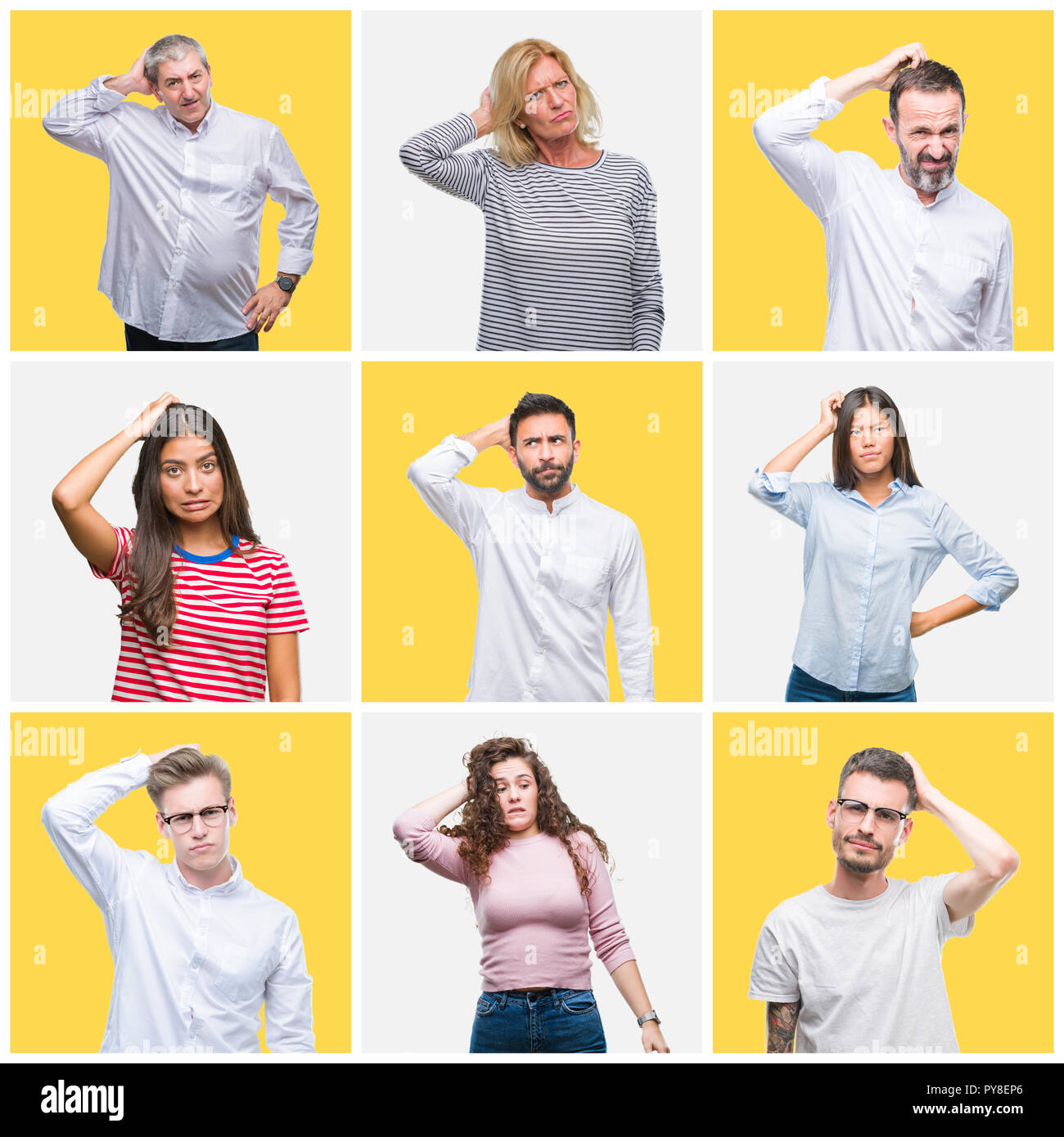 Collage of group of young and senior people over yellow isolated ...