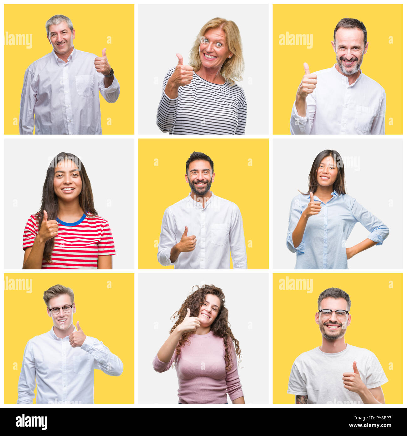 Collage of group of young and senior people over yellow isolated ...