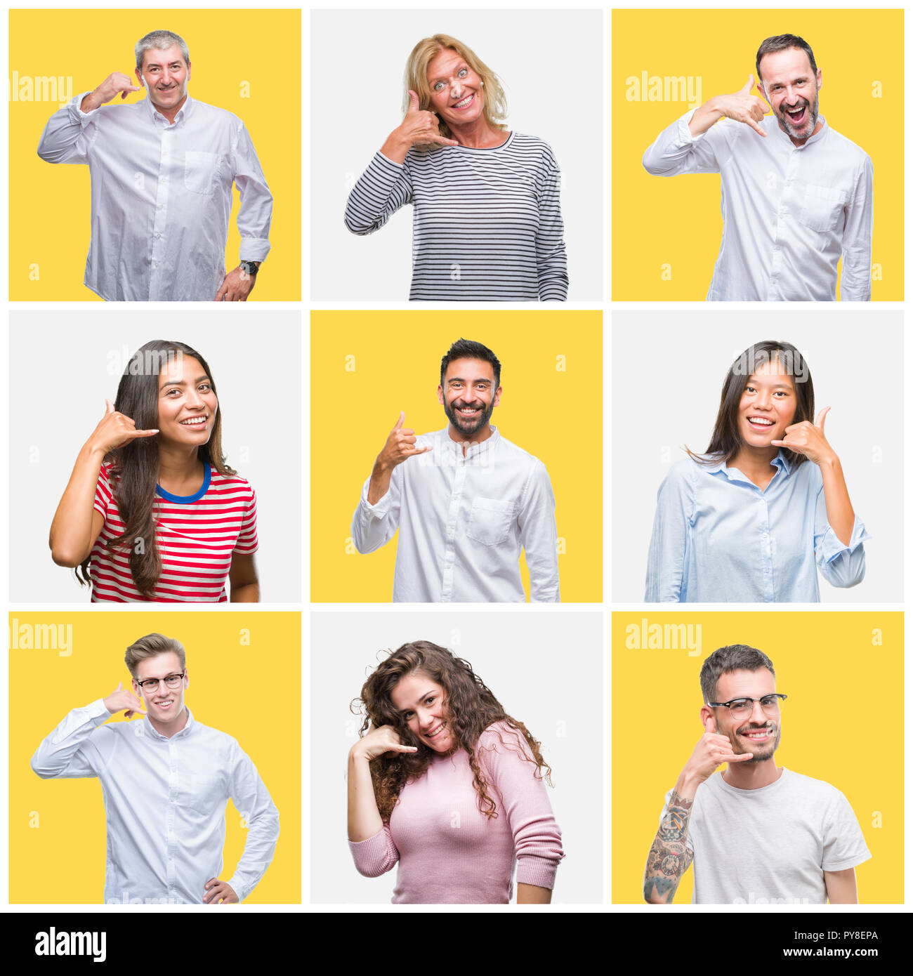 Collage of group of young and senior people over yellow isolated ...