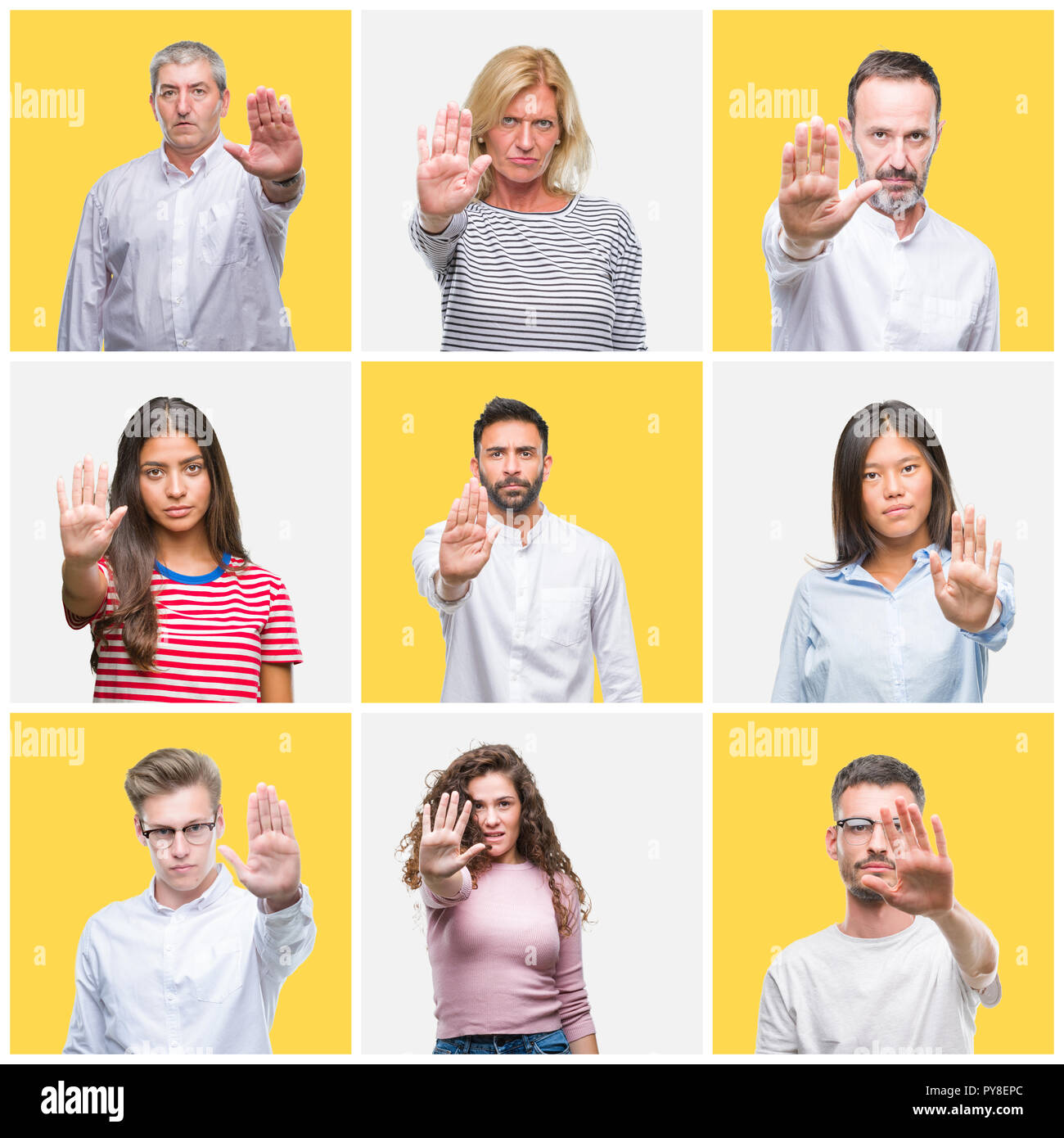 Collage of group of young and senior people over yellow isolated ...