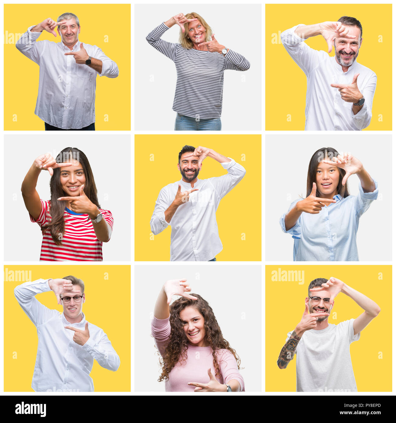 Collage of group of young and senior people over yellow isolated ...