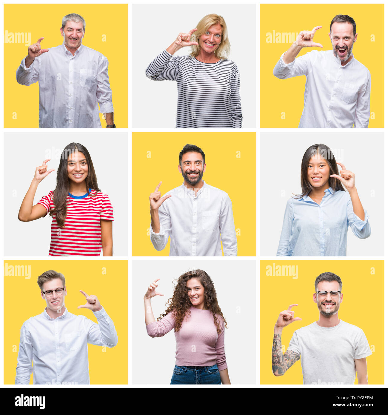 Collage of group of young and senior people over yellow isolated ...