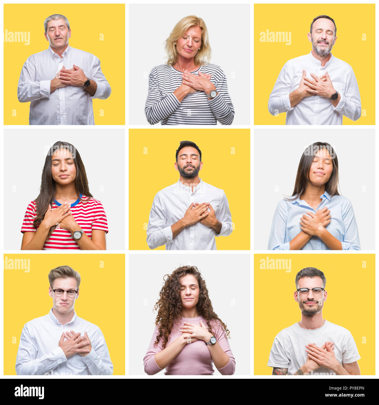 Collage of group of young and senior people over yellow isolated ...
