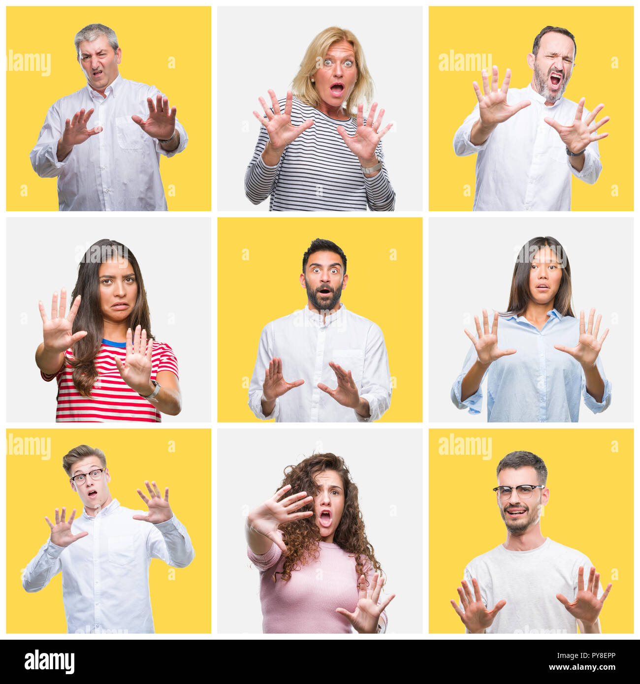 Collage of group of young and senior people over yellow isolated ...