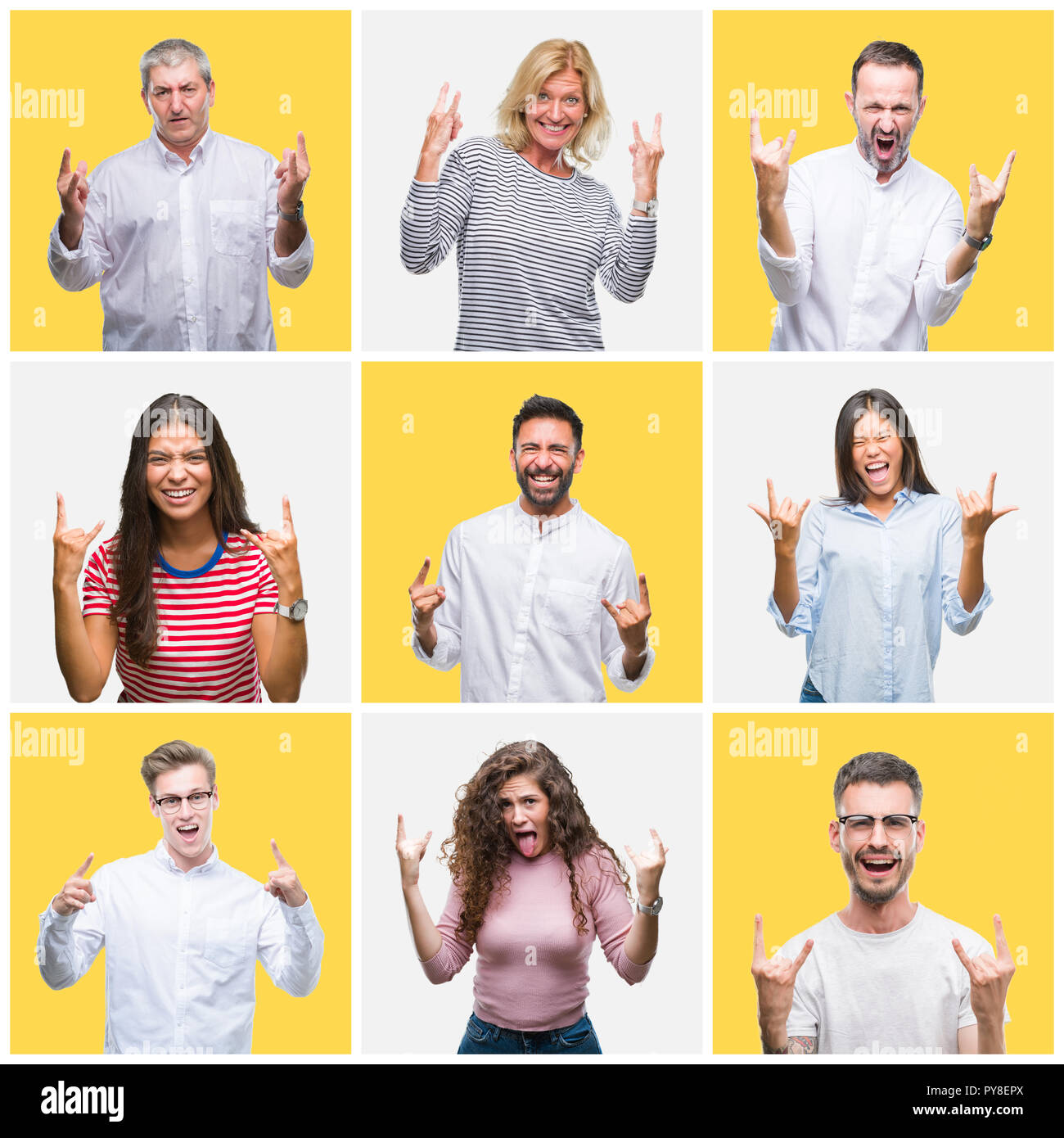 Collage of group of young and senior people over yellow isolated ...