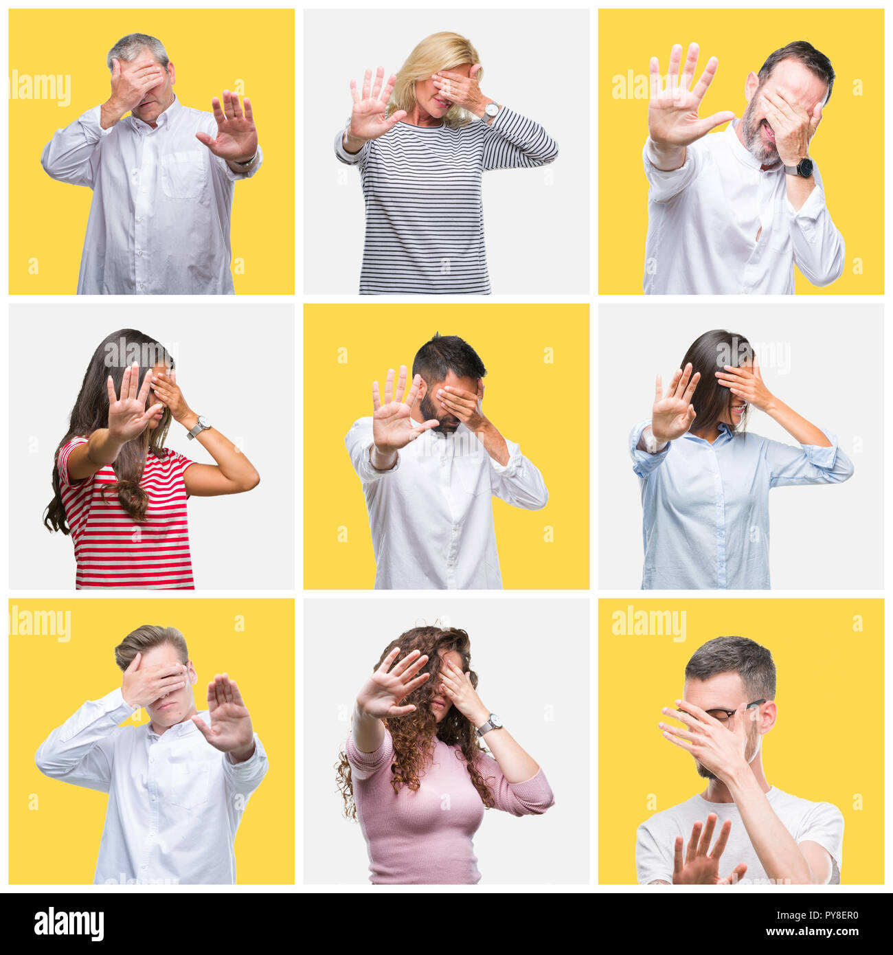 Collage of group of young and senior people over yellow isolated ...