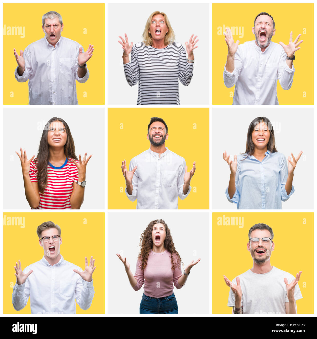 Young woman and man shouting hand over mouth yellow hi-res stock ...