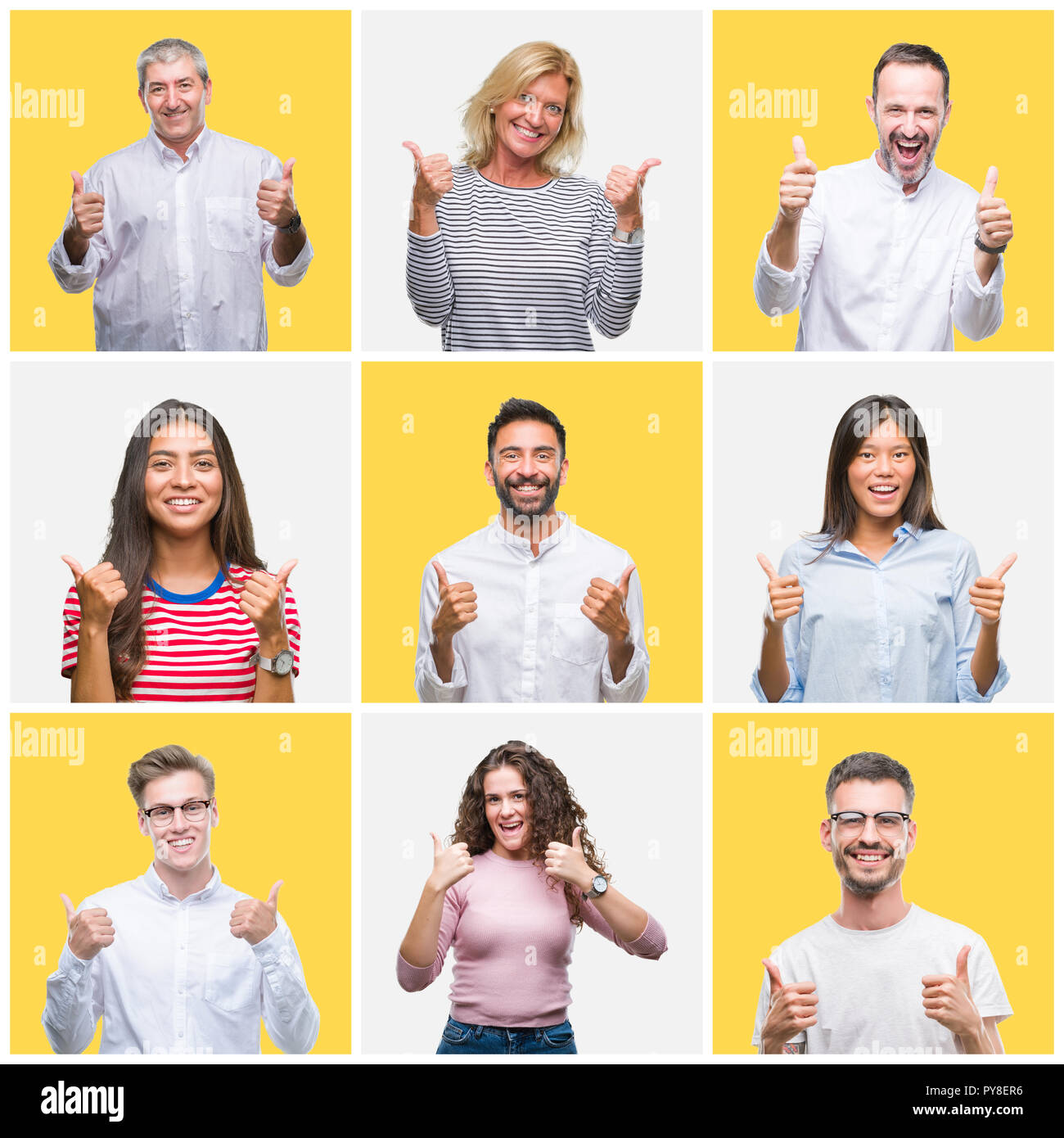 Collage of group of young and senior people over yellow isolated ...