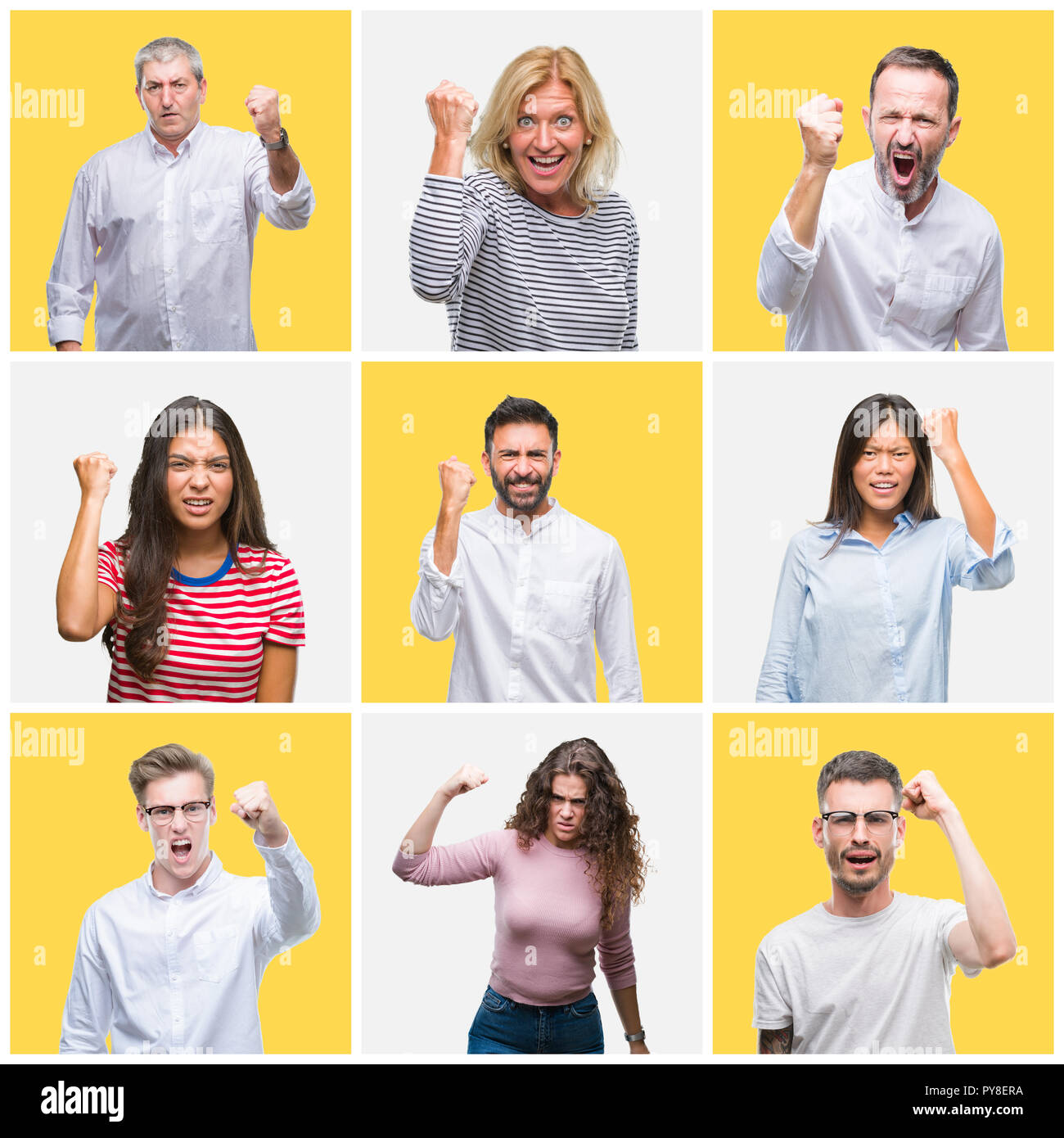 Collage of group of young and senior people over yellow isolated ...