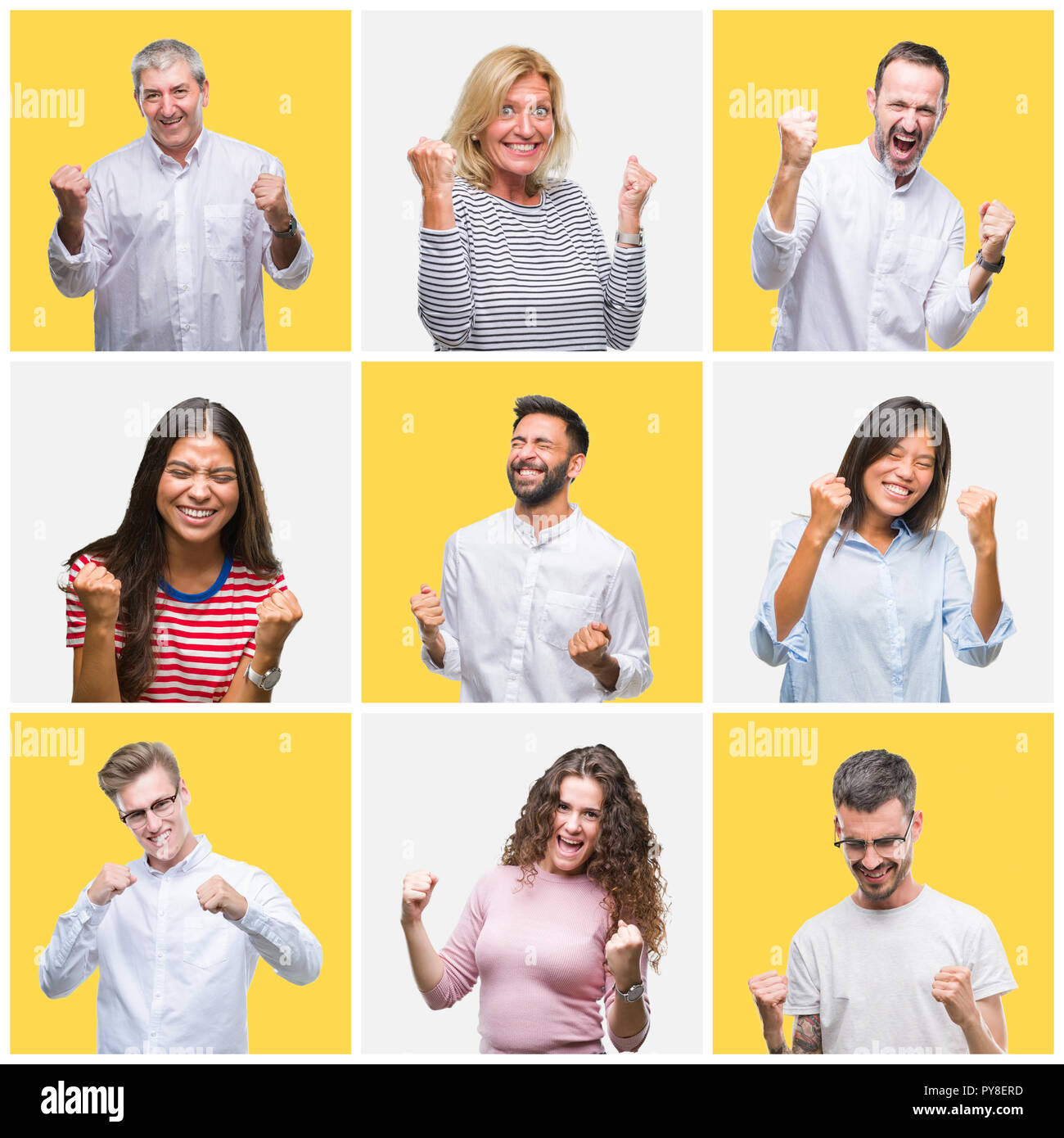 Collage of group of young and senior people over yellow isolated ...