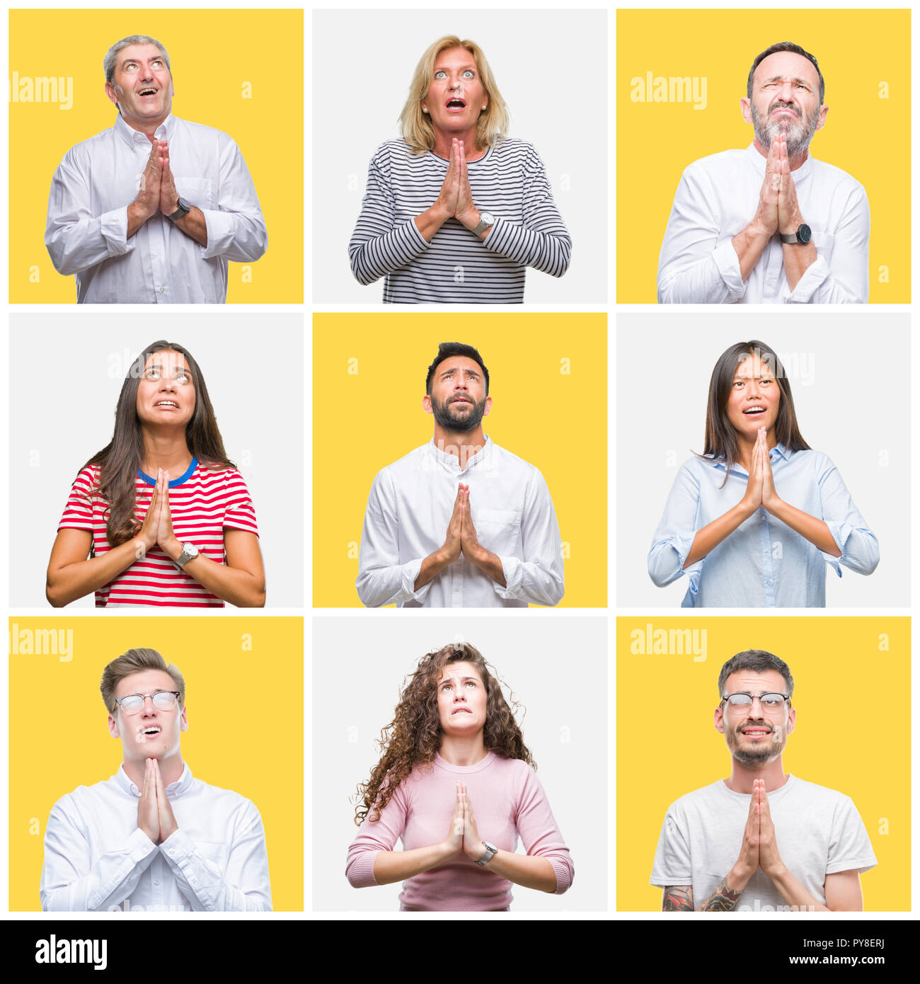 Collage of group of young and senior people over yellow isolated ...